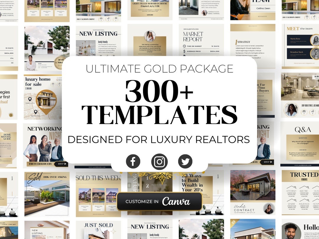 300+ Real Estate Marketing Bundle, Gold Luxury Customizable Social ...