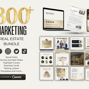 300+ Real Estate Marketing Bundle, Gold Luxury Customizable Social ...
