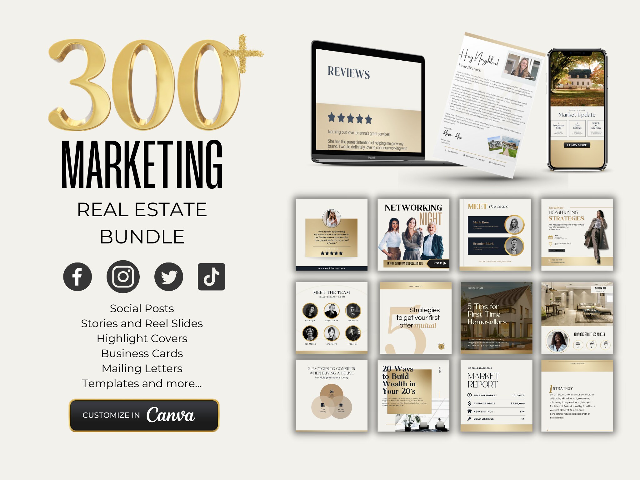 Gold Luxury Real Estate Marketing Bundle, Customizable Social Template ...