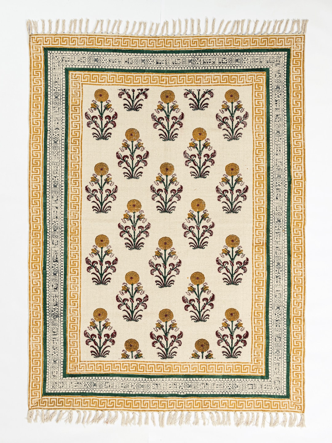 Hand Block Print Rug Boho Area Rug Yellow Rug Kitchen Flat Weave Cotton ...