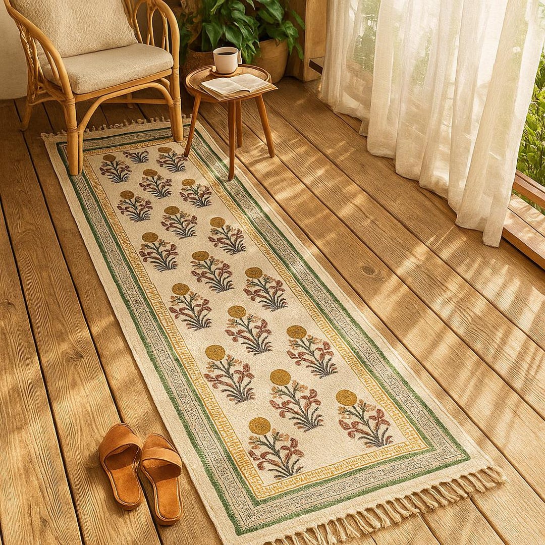 Block Print Cotton Rug Runner, Teal Damask Pattern - Etsy