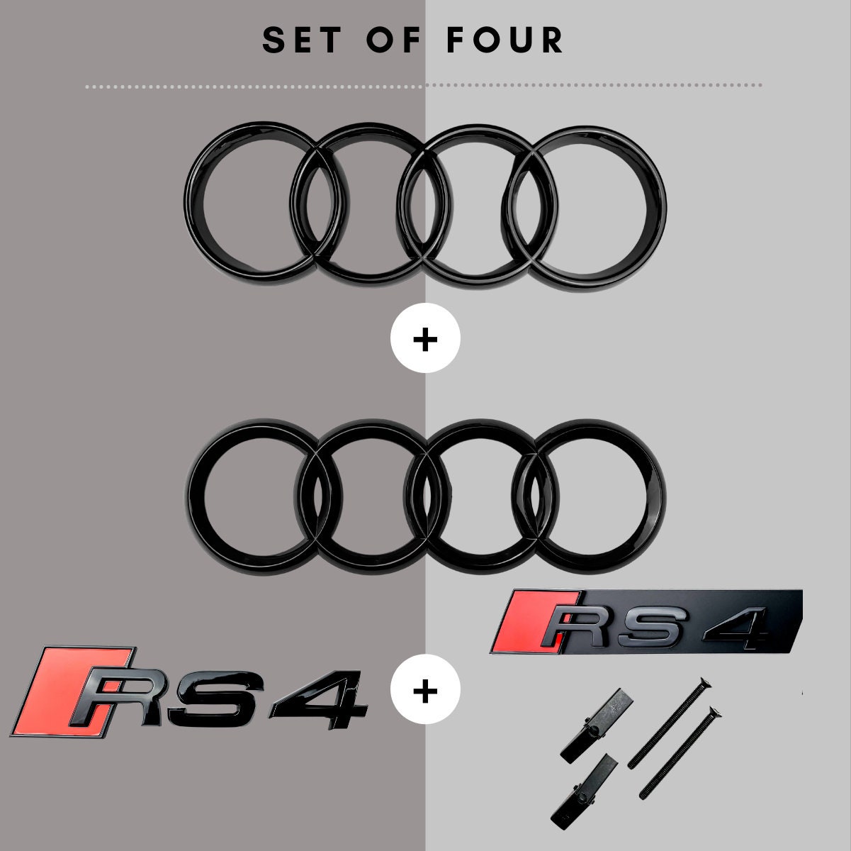 Audi RS4 Gloss Black Set Kit Badges Front Rear Rings Grille Boot Emblem ...