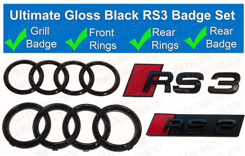 Audi RS3 Gloss Black Box Set Front Grille Badge, Lettering, Rear ...