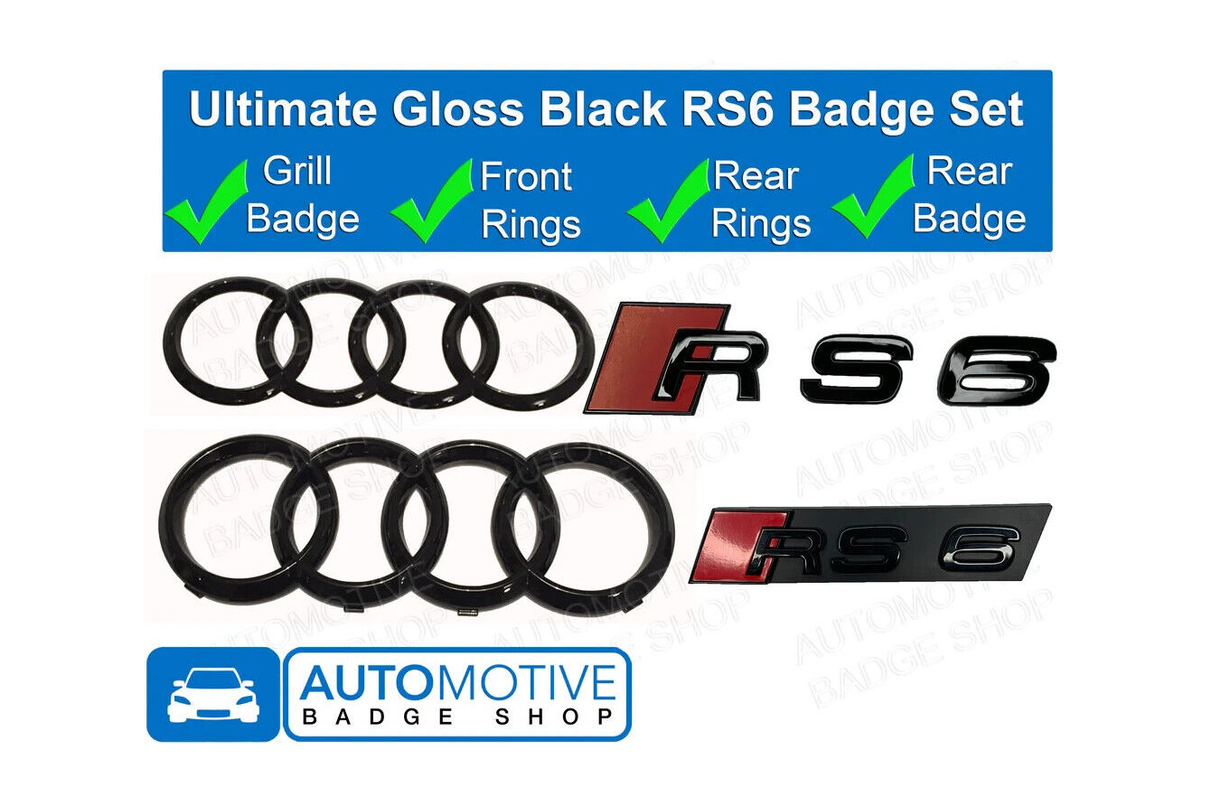 Audi Rs6 Gloss Black Badge Set of Front & Rear Rings Grille Boot Trunk ...