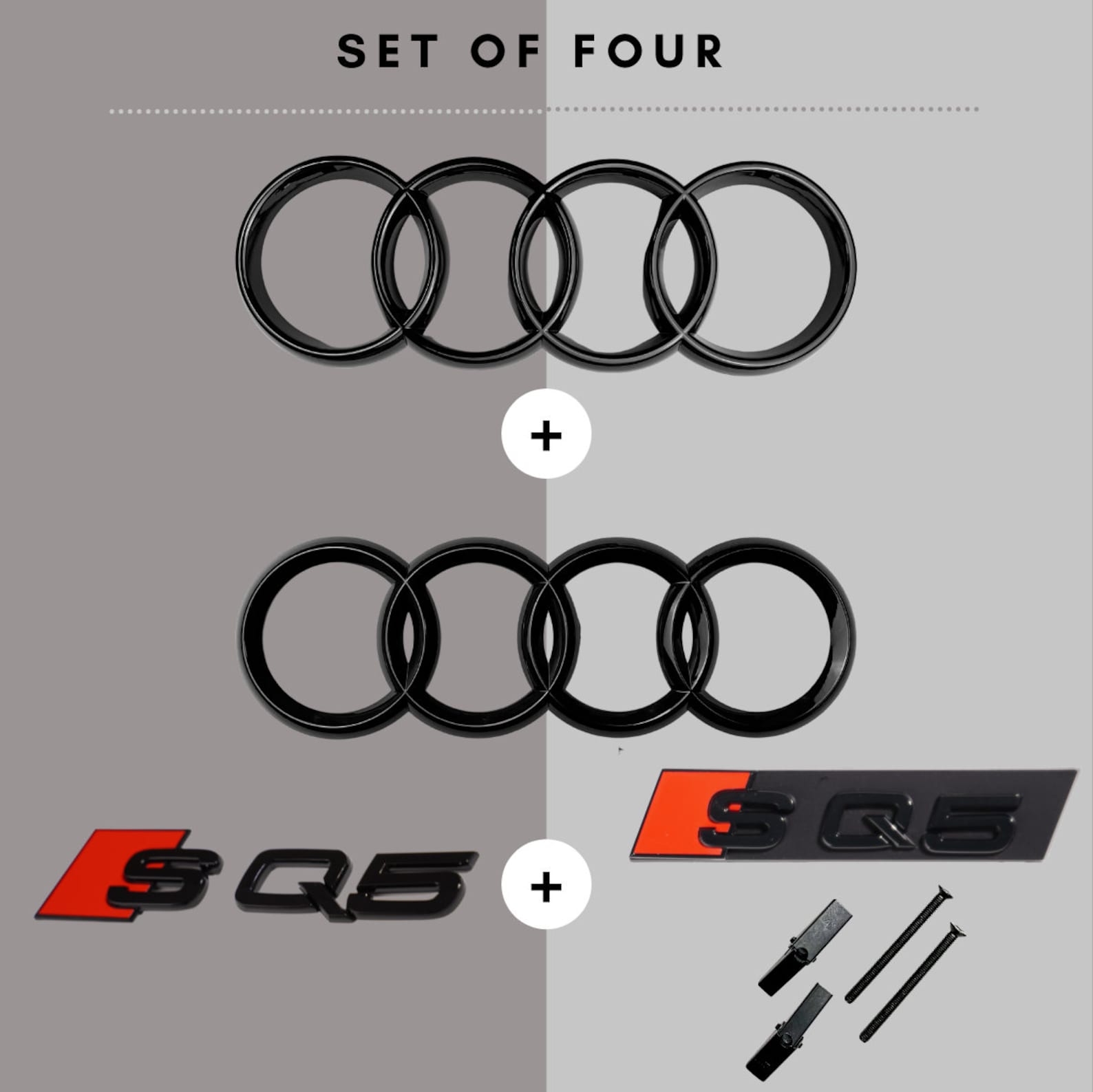 Audi SQ5 Gloss Black Set Kit Badges Front Rear Rings Grille Boot Emblem ...