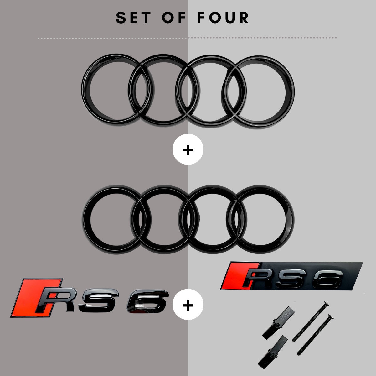 Audi RS6 Gloss Black Set Kit Badges Front Rear Rings Grille Boot Emblem ...