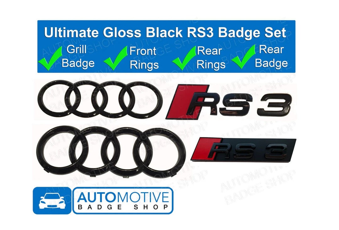 Audi Rs3 Gloss Black Badge Set of Front & Rear Rings Grille Boot Trunk ...