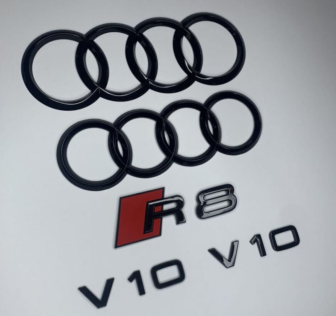 Audi R8 Rings Emblem Gloss Black Side V10 Logo Badge Set for Audi R8 ...