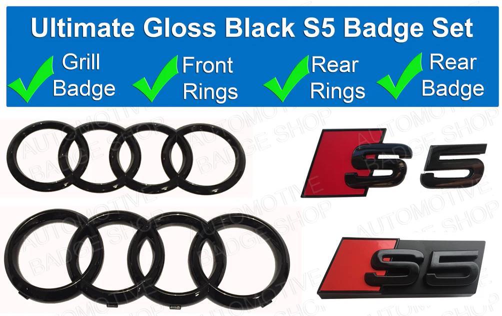 Audi S5 GLOSS Black Set Badges Front Rear Rings Grille Boot Emblem ...