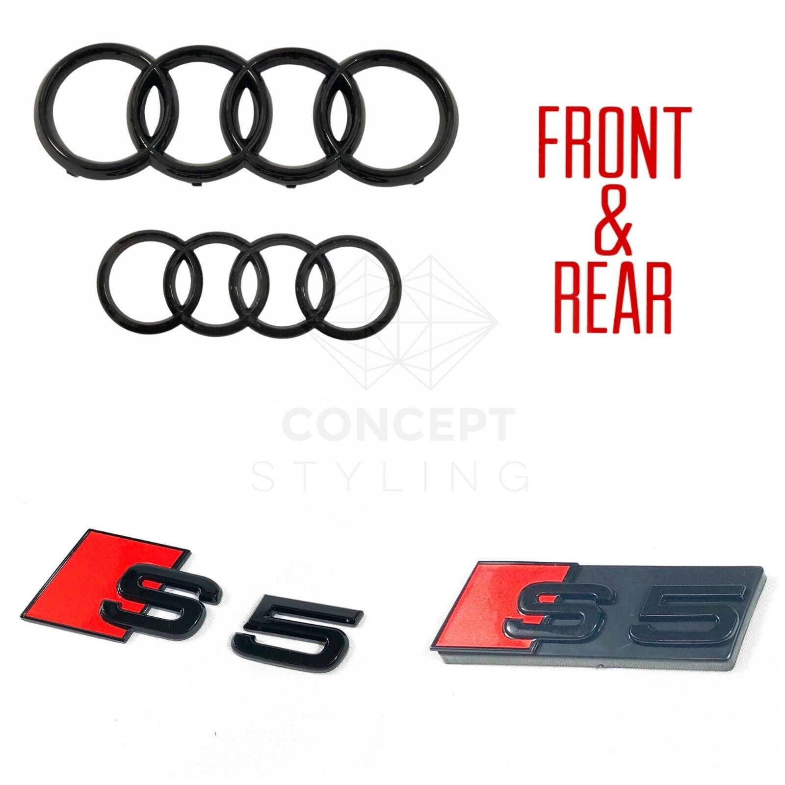 Audi S5 Gloss Black Set Kit Badges Front Rear Rings Grille Boot Emblem ...