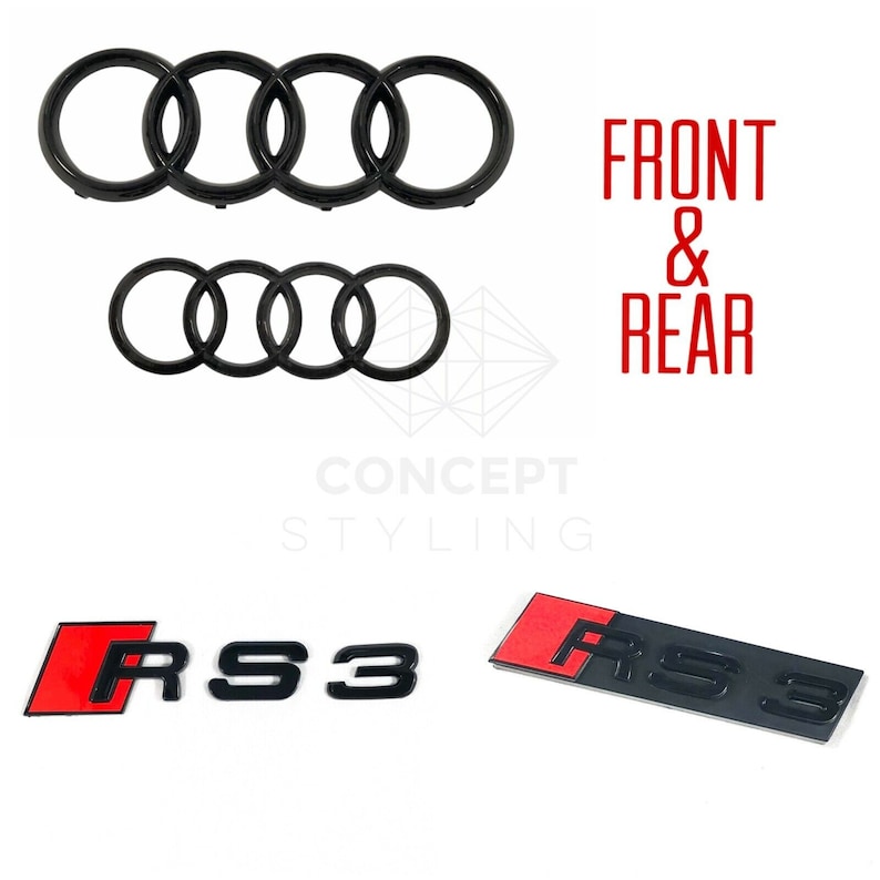 Audi RS3 Gloss Black Set Kit Badges Front Rear Rings Grille Boot Emblem ...