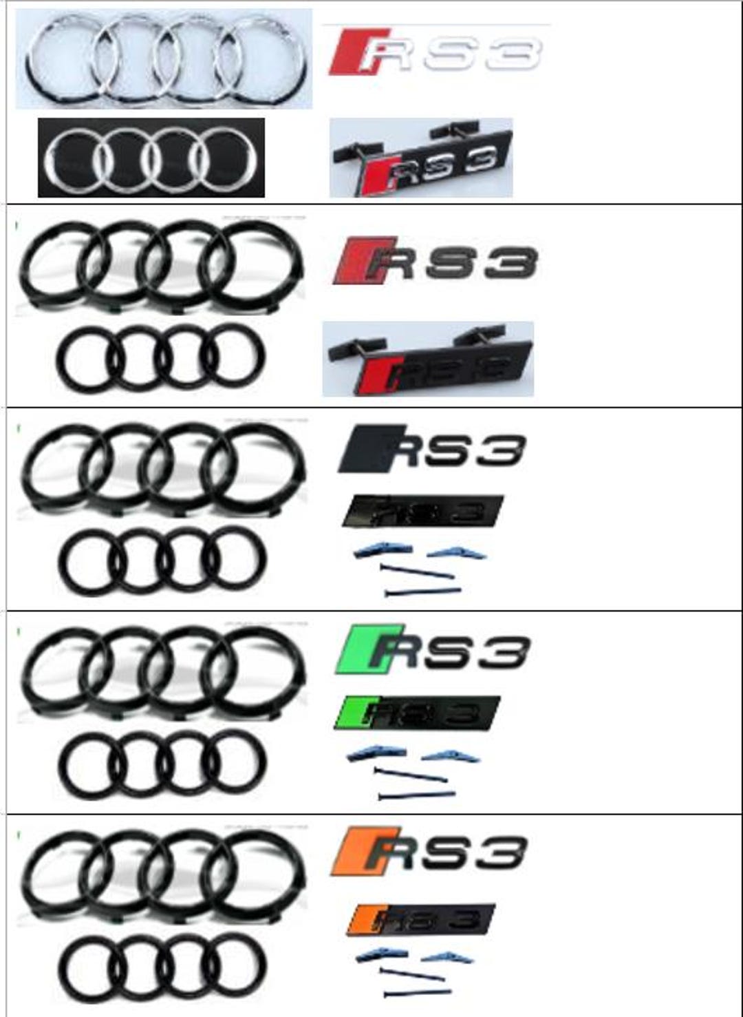Chose Your Color Audi RS3 Black/orange/green/red/chrome Set Kit Badges ...