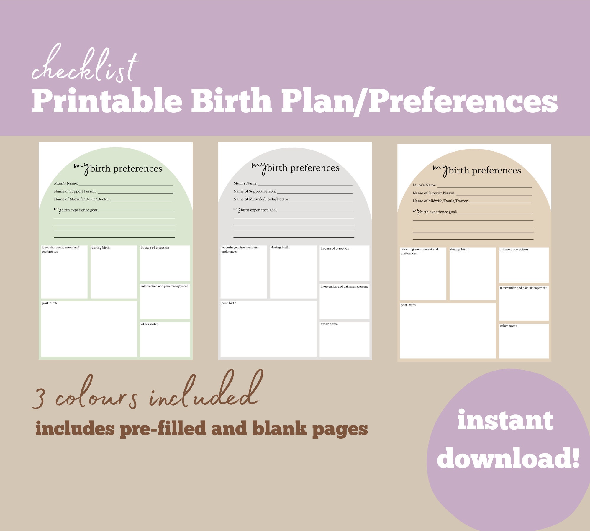 Printable Birth Plan Preferences Template, Instant Download, Birth and ...