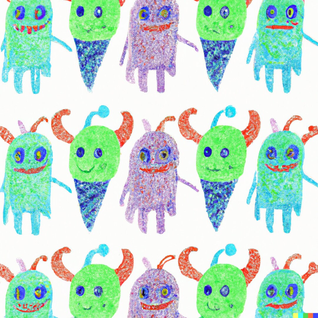 Crayon Drawing of Several Cute Colourful Monsters With Ice Cream Cone ...
