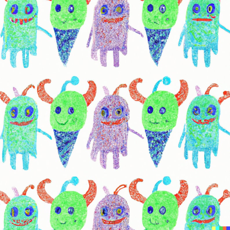 Crayon Drawing of Several Cute Colourful Monsters With Ice Cream Cone ...