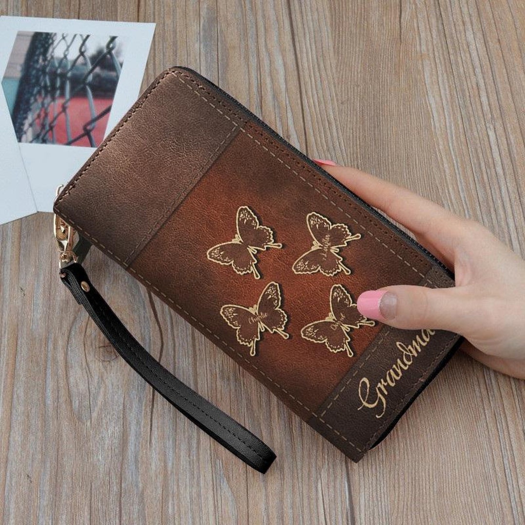 Personalized Grandma Mom Butterflies Leather Wallet, Zipper Wallet ...