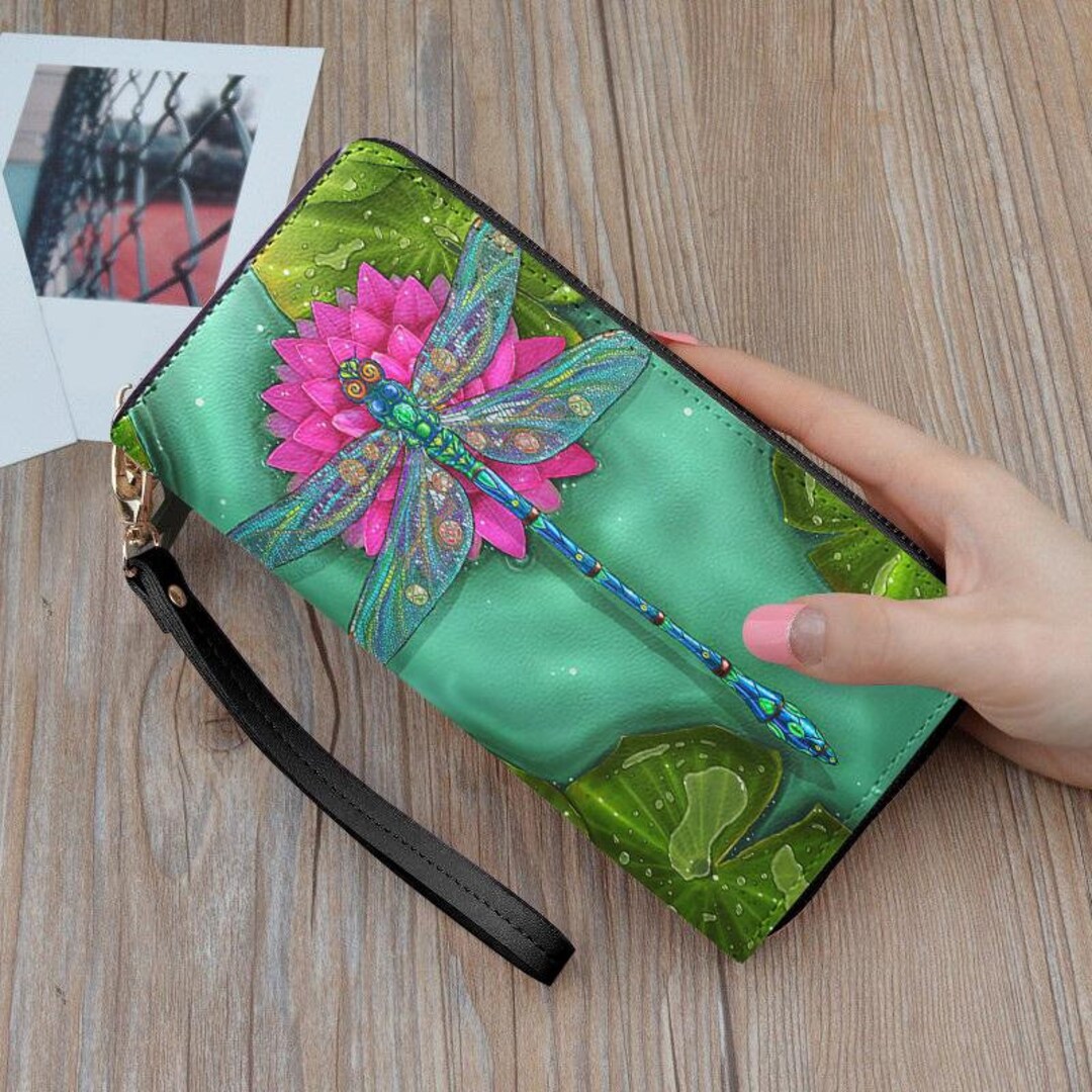 Dragonfly Lotus Leather Wallet, Wallet, Zipper Wallet, Pocket Wallet ...