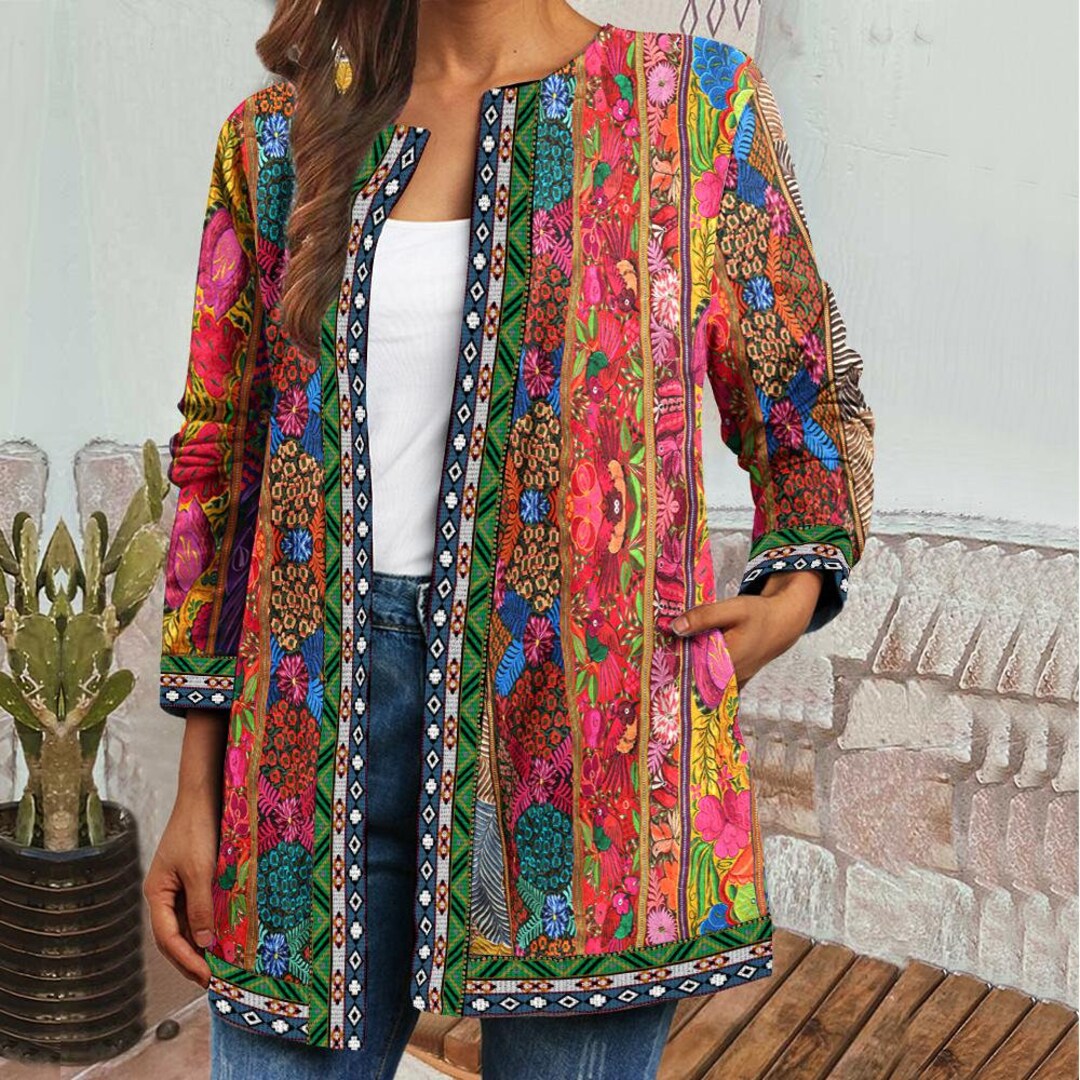 Boho Floral Bird Plus Size Jacket, Coat, Long Sleeves Jacket, Women ...