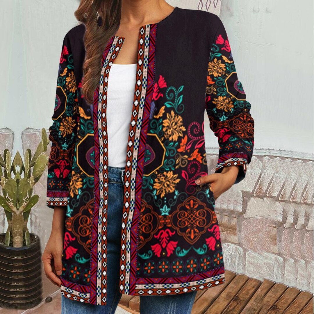 Colorful Floral Women Plus Size Jacket, Coat, Long Sleeves Jacket ...