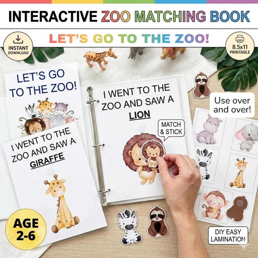 Printable Zoo Animal Matching Book, Interactive Reading Activity Binder ...