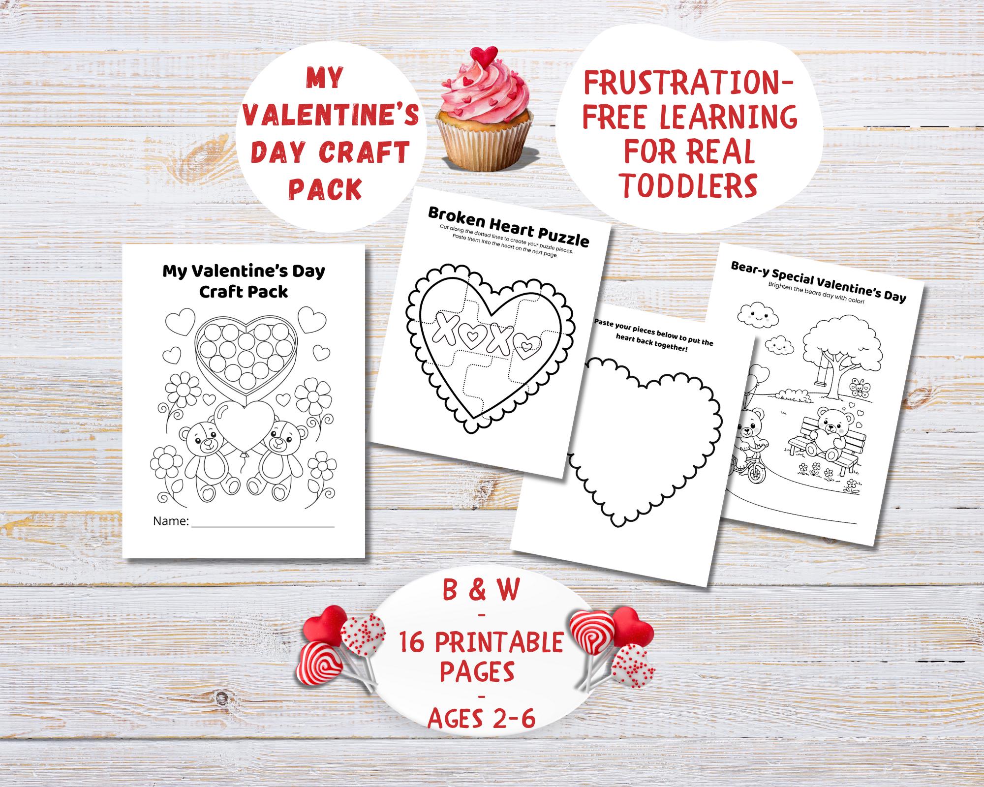 Valentine’s Day Craft Pack for Kids Ages 2-6 B&W Printable Activity ...