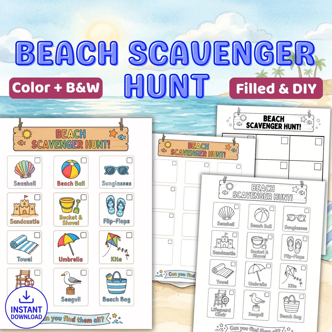 Printable Beach Scavenger Hunts in Color + B&W, Filled + Blank Pages ...