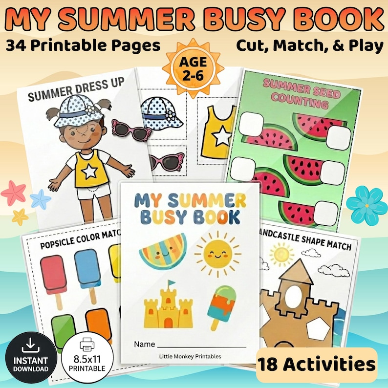 Printable Summer Busy Book for Ages 2-6 Interactive Learning Activities ...