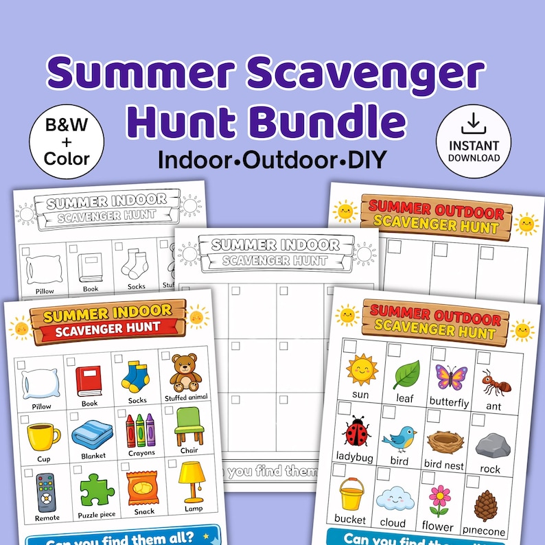 Printable Summer Scavenger Hunts Indoor • Outdoor • DIY | B&W and Color ...