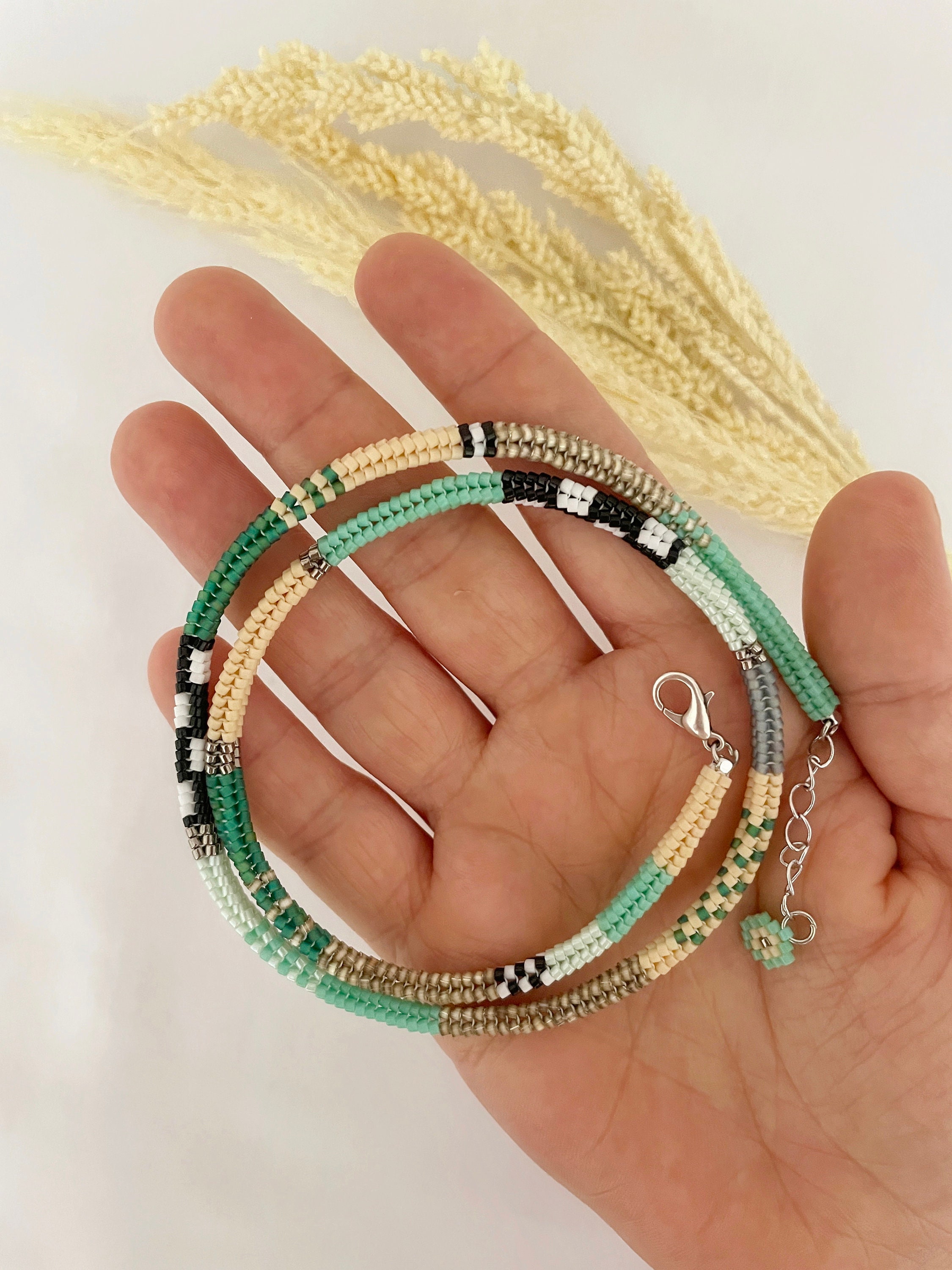 Green Shades of Beaded Necklace, Adjustable Handwoven Accessories ...