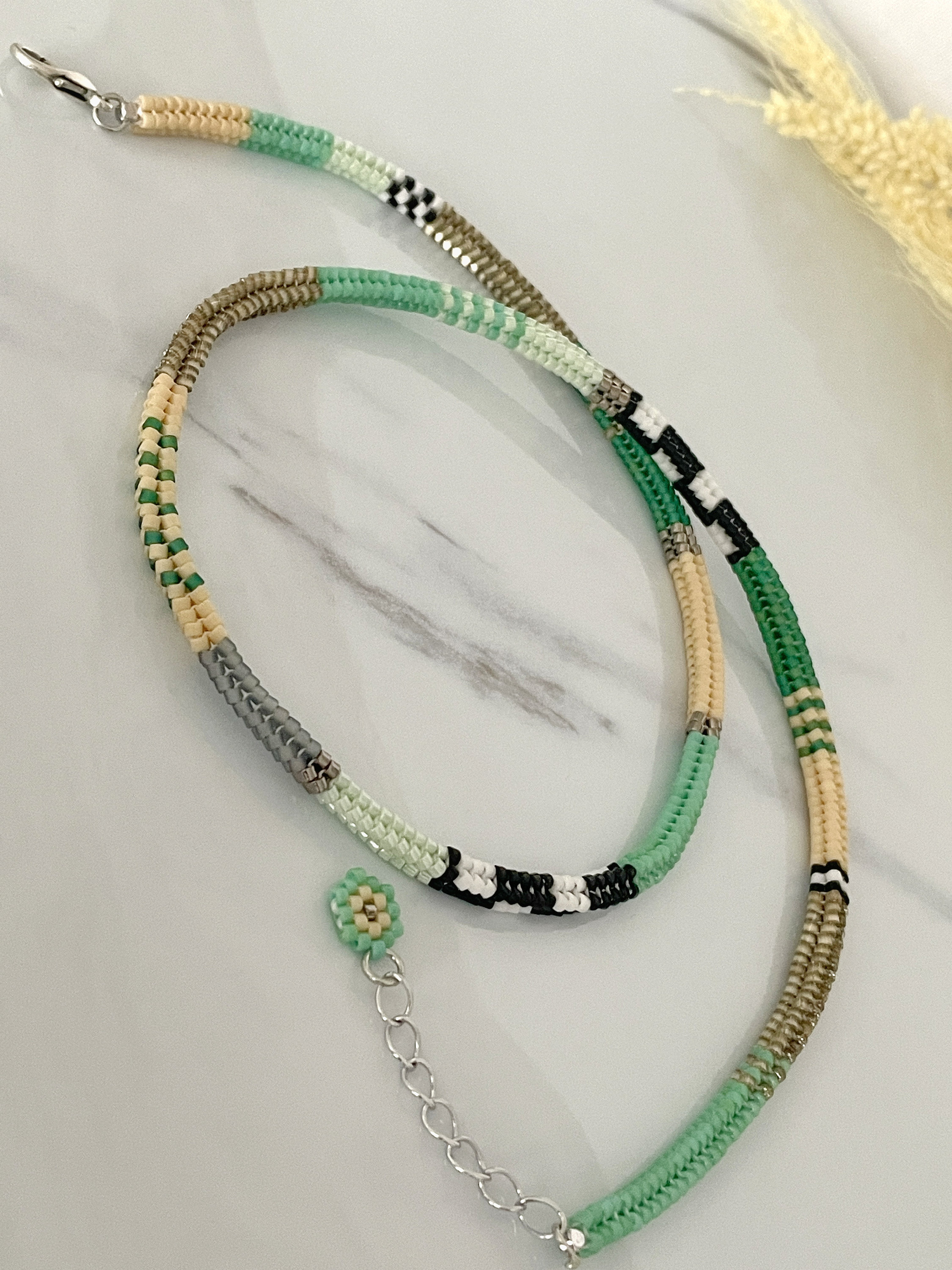 Green Shades of Beaded Necklace, Adjustable Handwoven Accessories ...