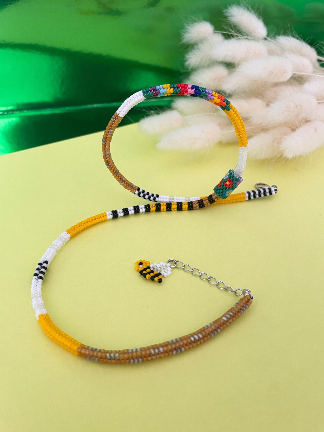 Miyuki Beaded Necklace: Handwoven Bee & Honeycomb Floral Design - Etsy
