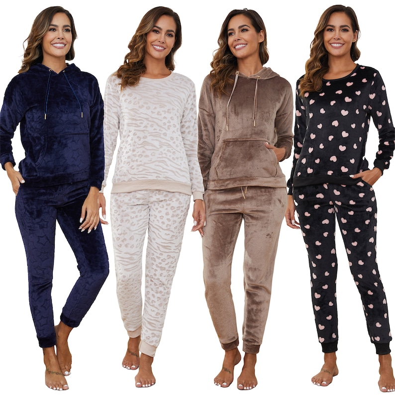 Ladies Fleece Pyjama Set Thick Fleece Cosy Long Sleeve T-shirt & Bottom ...