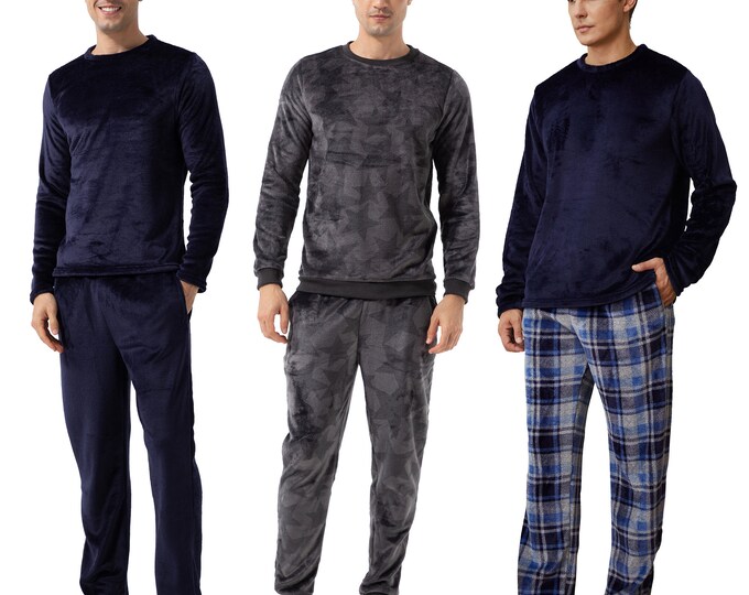 Mens Fleece Pyjamas Supersoft Heavy Fleece Cosy Set Long Sleeve ...
