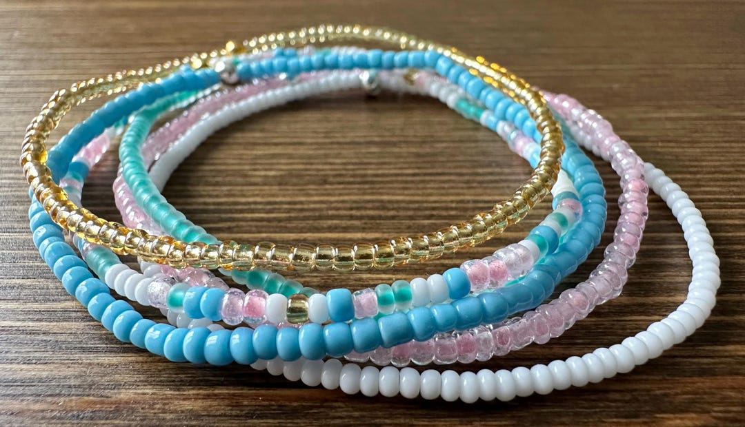 Tiny Glass Seed Bead Bracelets, Pastels and Gold, Set of Six Stretch on ...