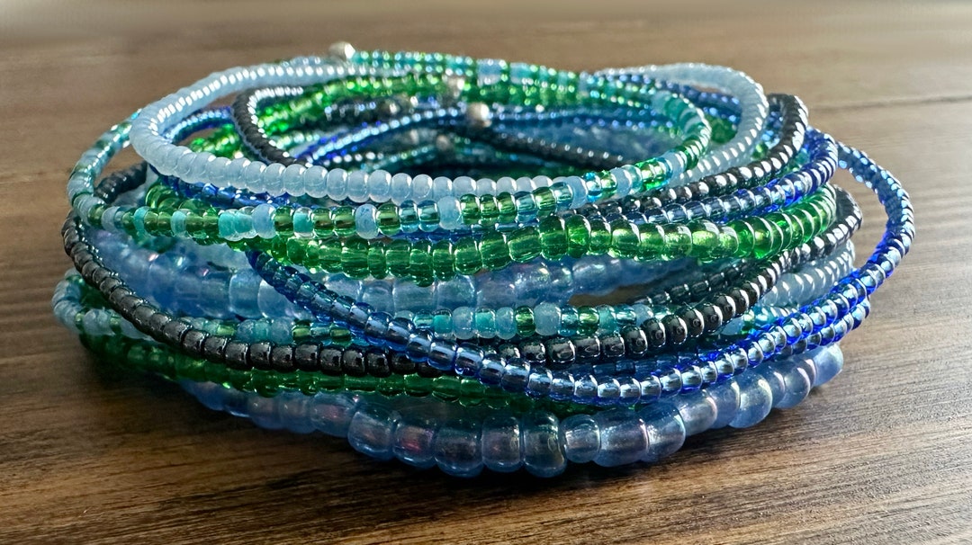 Boho, Stackable, Layering, Glass Seed Bead Bracelets, Blues and Greens ...