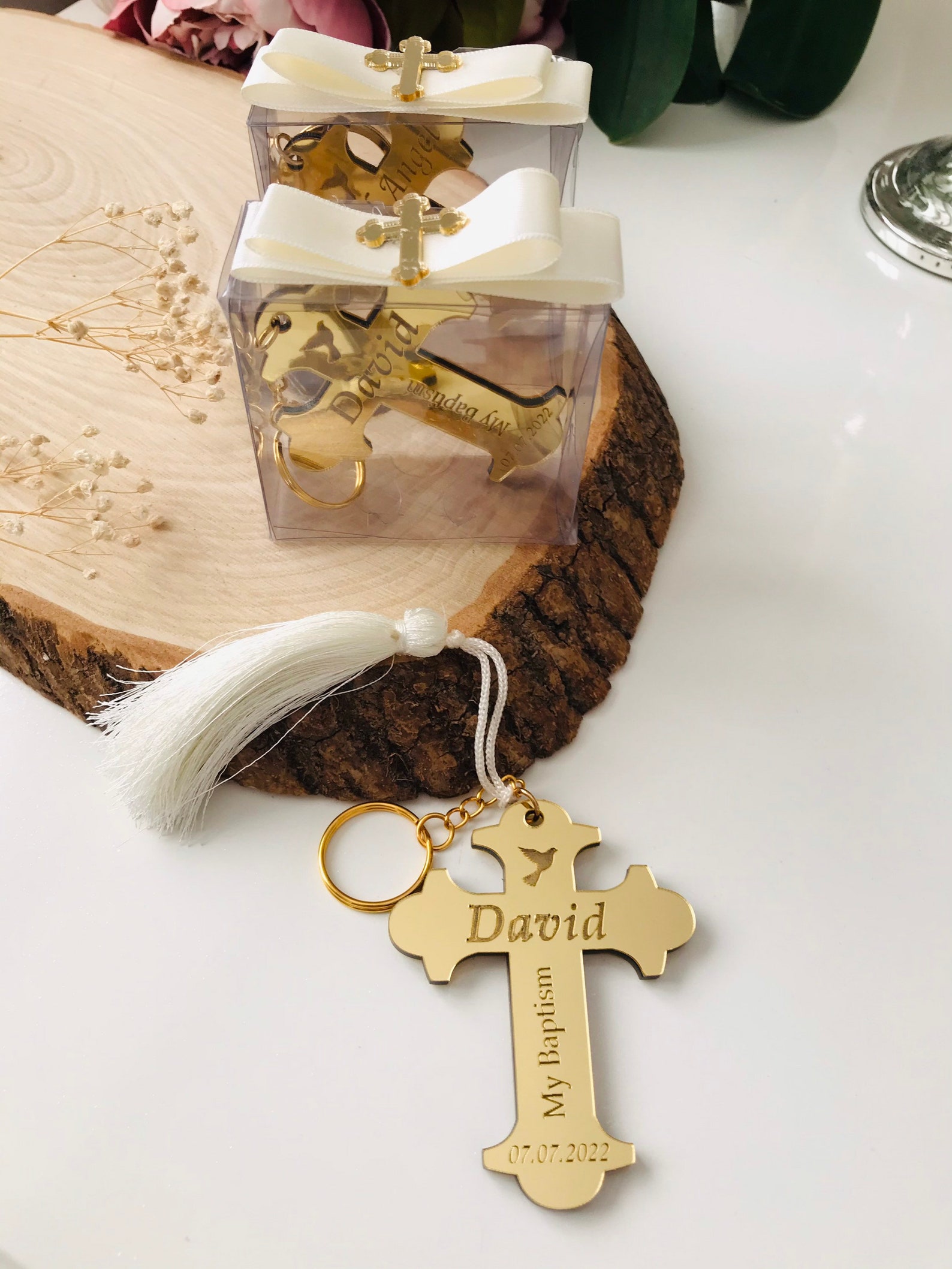 Elegant Baptism Favors Boy and Girl, Acrylic Gold Silver Cross Keychain ...