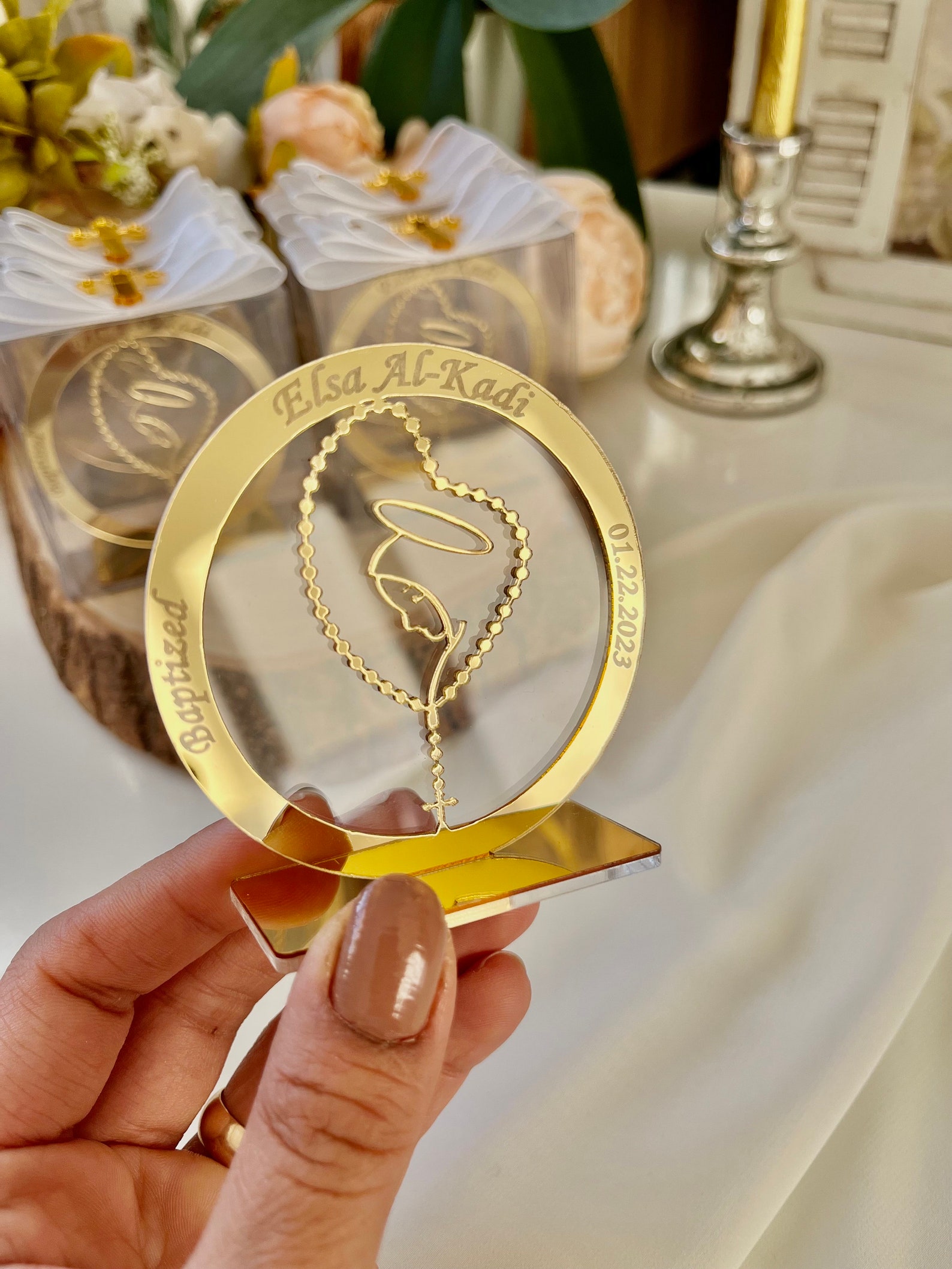 Rose Gold Baptism Favor, Acrylic Rosary Stand, Personalized Communion ...
