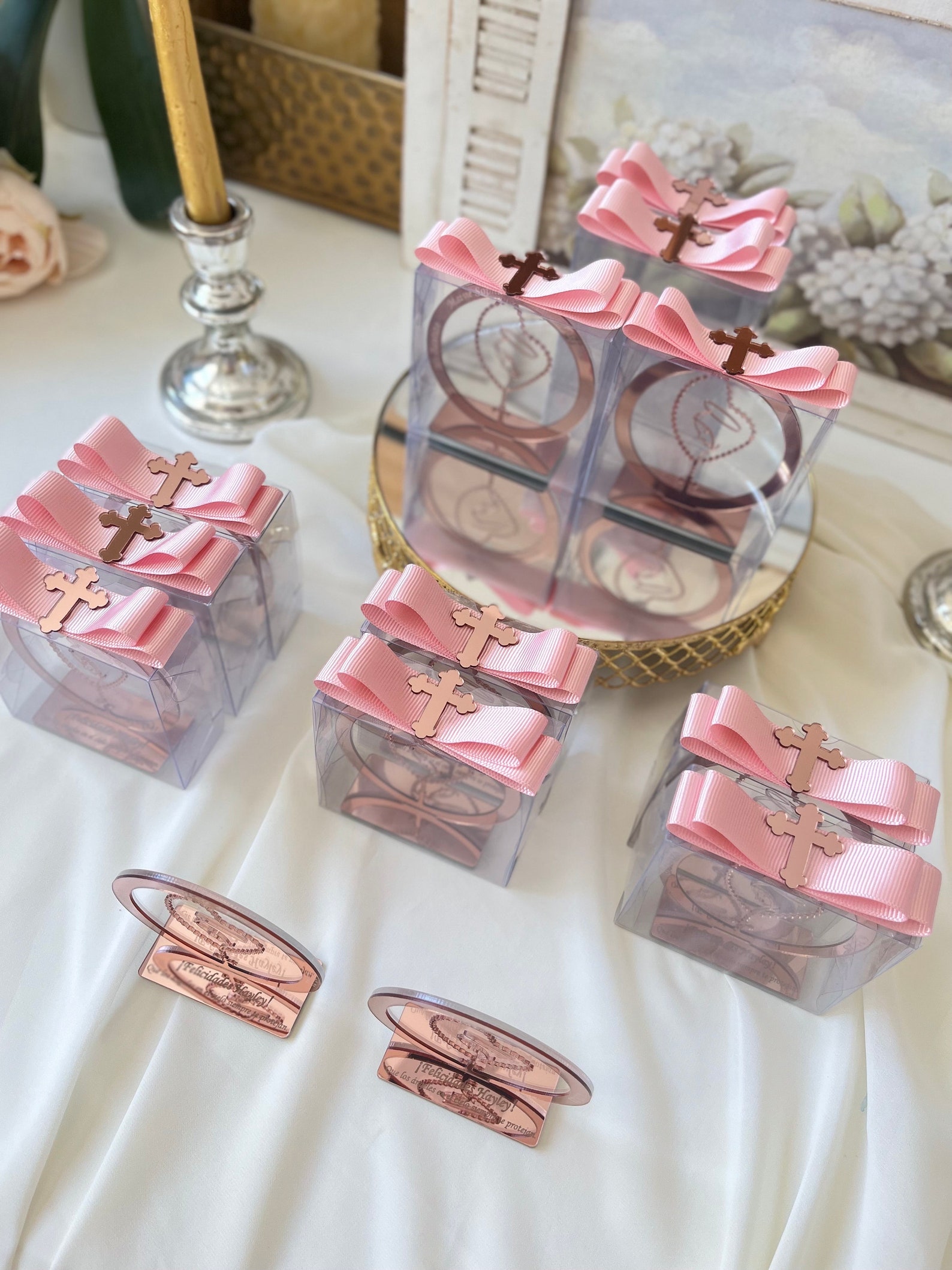Rose Gold Baptism Favor, Acrylic Rosary Stand, Personalized Communion ...