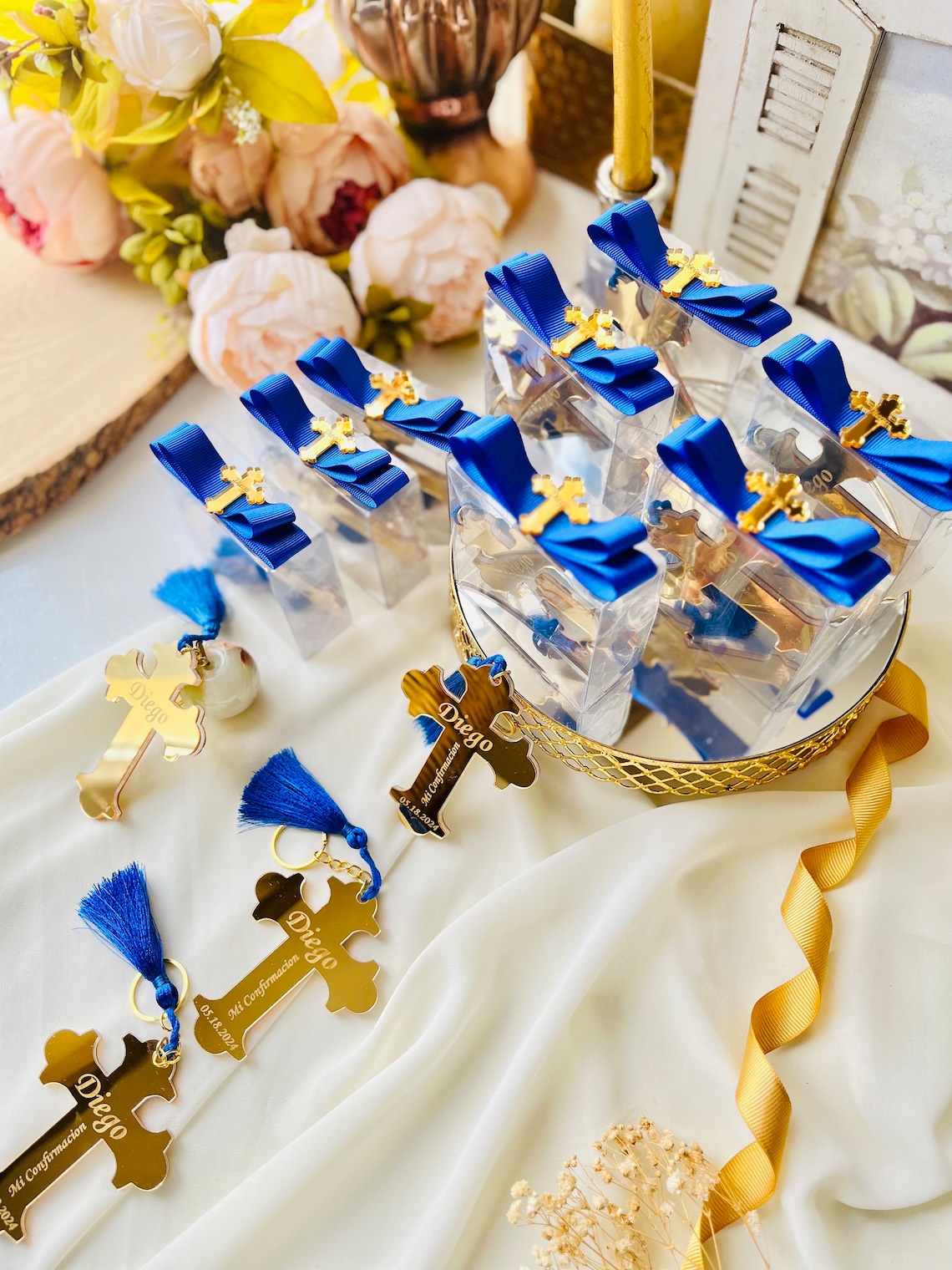 Elegant Baptism Favors Boy and Girl, Acrylic Gold Silver Cross Keychain ...