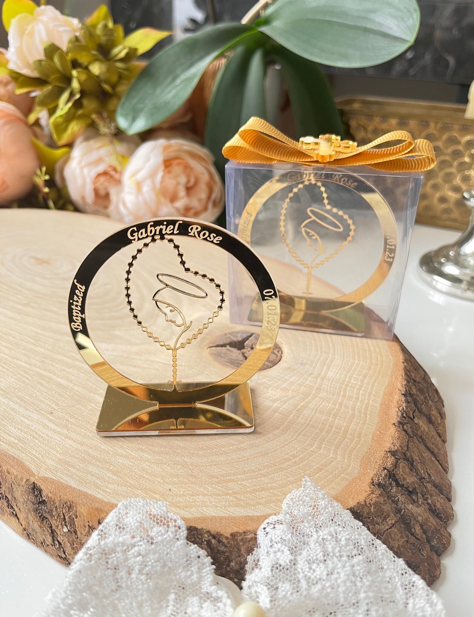 Brillant Baptism Gift, Holy Mary and Rosary Cross Stand, Rose Gold ...