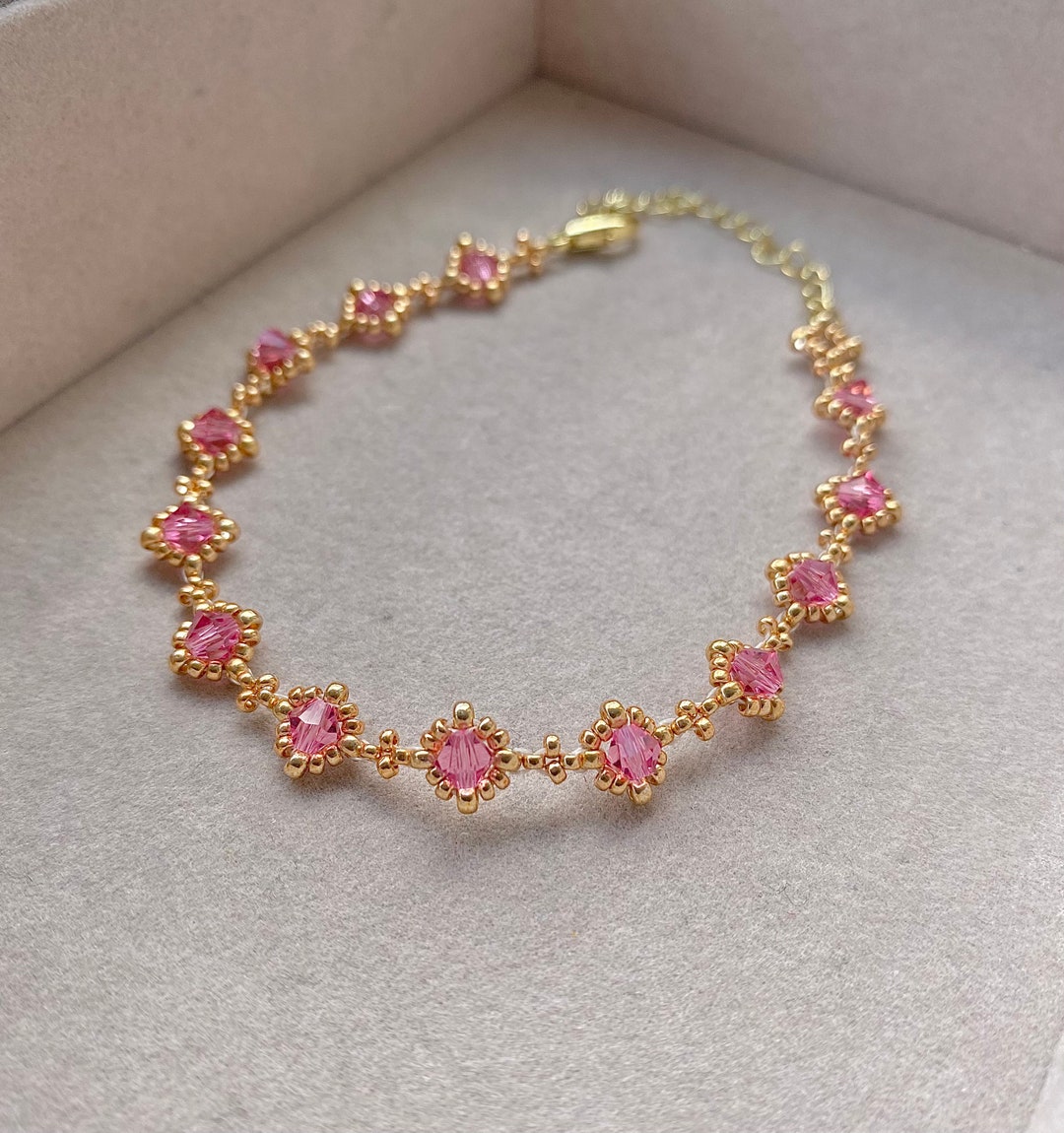 Pink Crystal Bracelet: 24k Gold Plated, Handmade Jewelry - Etsy