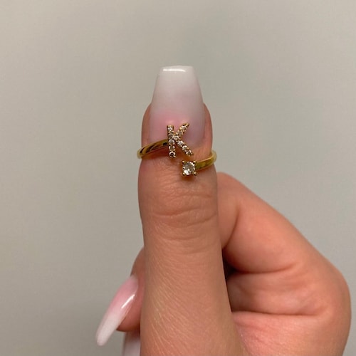 Gold Initial Letter Ring Diamond Letter Ring Adjustable - Etsy