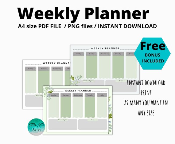 Weekly Planner Printable Weekly Planner Landscape Horizontal - Etsy