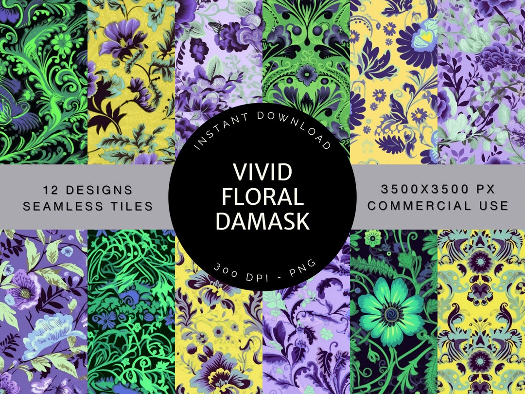 Vivid Floral Damask, Digital Paper, Seamless Files, Digital Download ...