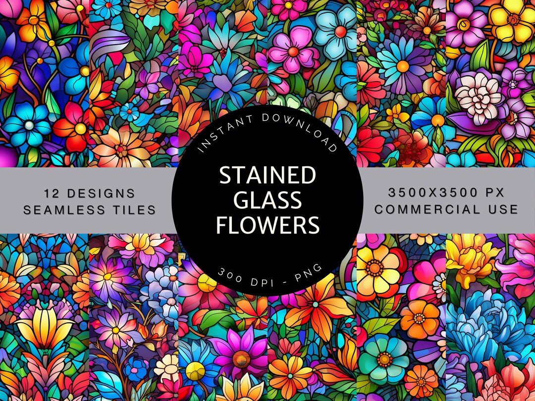 Stained Glass Flowers, Digital Paper, Seamless Files, Digital Download ...