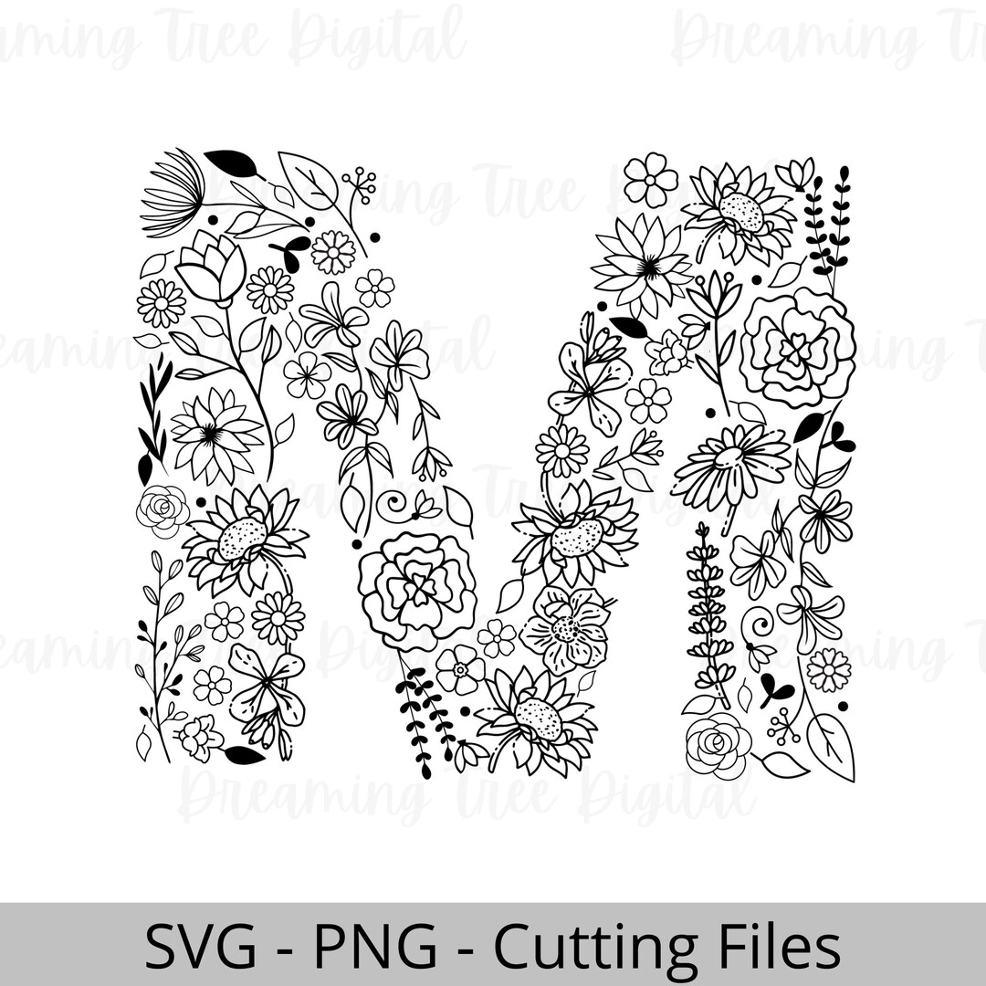 Letter M Floral SVG PNG, Floral Monogram Digital File, Floral Letter ...