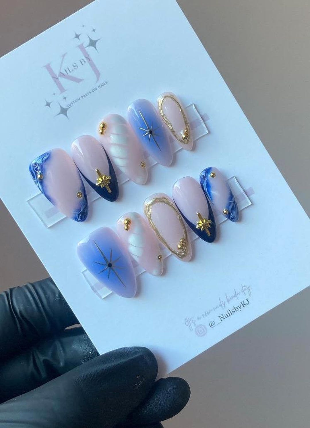 Blue and Gold Press on Nails|ethereal Stars Marble 3D Chrome Details ...