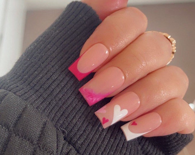 Pink Heart Press on Nails | Shades of Pink & White French Tips | Cute ...