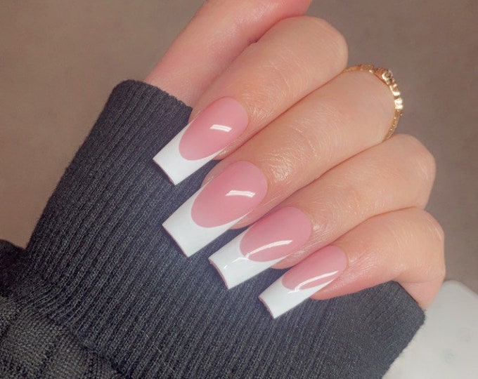 Jelly Pink Thick French Tip Press on Nails Classic Pink and White ...