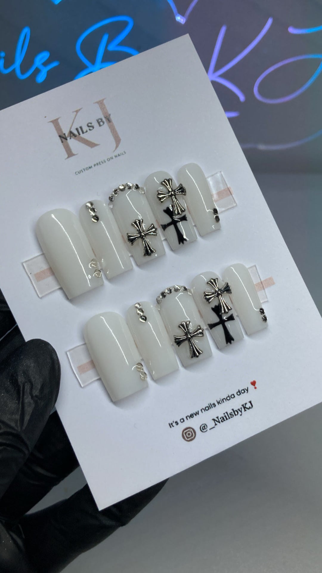 Milky White Cross Charm Press on Nailsgel Nail Designhanddrawn Cross ...